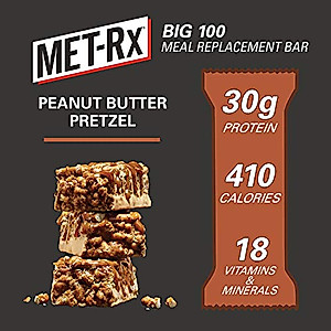 MET-Rx Big 100 Colossal Protein Bars, Great as Healthy Meal Replacement, Snack, and Help Support Energy, Peanut Butter Pretzel, With Vitamin A, Vitamin C, and Zinc, 100 g, (Pack of 9)