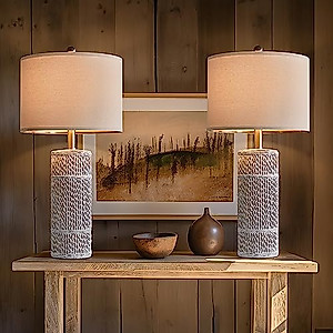OYEARS 25.5 "Retro Farmhouse Table Lamps Set of 2 Woven Pattern Resin Bedside Lamps Classic Country Washed White Lamp for Bedroom Living Room Home Office