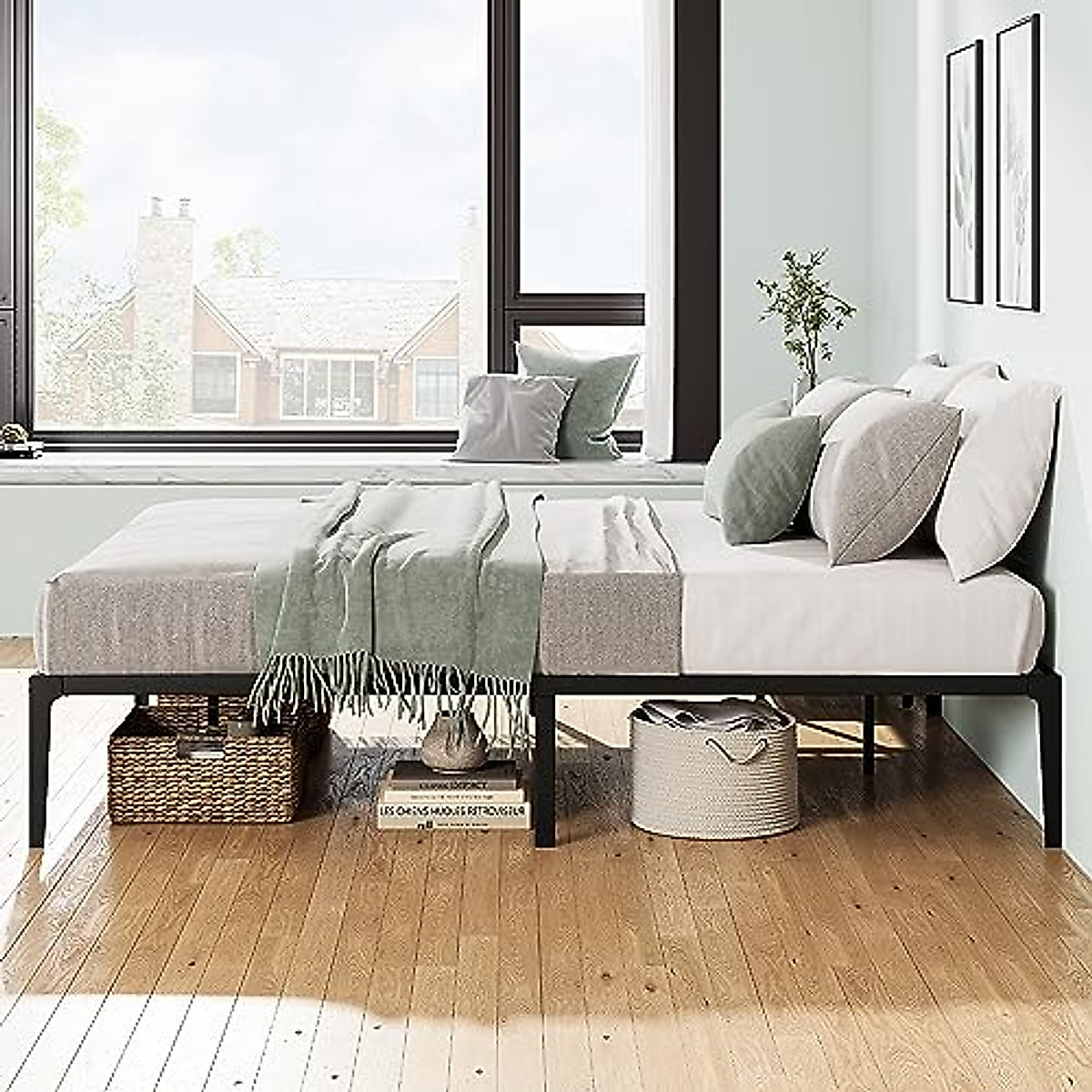 IDEALHOUSE 14 Inch Full Bed Frame with Storage, Metal Platform Bed Frame Full Size, Sturdy Steel Slats Support Mattress Foundation No Box Spring Needed, Black