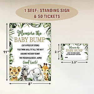 Baby Shower Games - Measure The Baby Bump Set - Greenery Floral Safari theme how big is mommy's belly - 1 Standing sign & 50 tickets - gender reveal party decorations & supplies -DWLK-A02