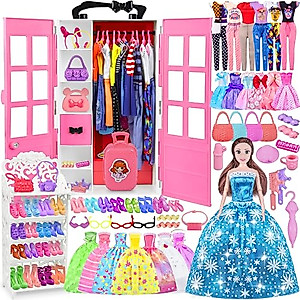MINIFUN 122 Pcs Doll Clothes and Accessories with Closet(Include Doll), Princess Gowns Fashion Dresses Top Pants Jumpsuit Swimsuits Shoes Hangers, Doll Dress up Toys for Girls Kids Toddlers Toy Gifts