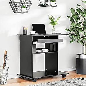HOMCOM Computer Desk Cart, Mobile Small Office Workstation with Slide-Out Keyboard Tray, Adjustable Shelf, & CPU Stand, Black