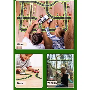 Clorful Imaginative Road Tape for Kids Toy Cars, 2 Rolls of 16.4ft x2.4 inch Adhesive Railway & Highway Tracks with Traffic Signs and Curved Roads.