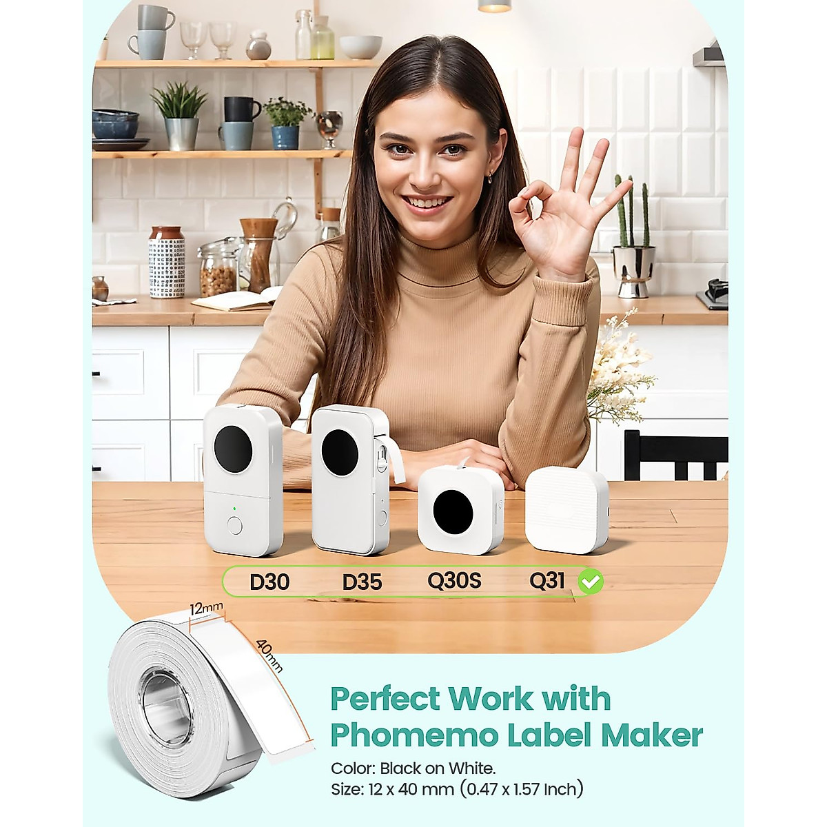 Phomemo D30 Label Maker Tape Black on White Sticker Thermal Paper Self-Adhesive Label Tape, 12 x 40mm ( 3/8" x 1 1/2") 160 Tapes/Roll, 3-Roll