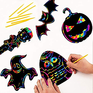 Halloween Scratch Paper Art,Funnlot 42PCS Halloween Scratch Paper Halloween Games for Kids Halloween Ornaments Scratch Magic Scratch Off Cards Paper Birthday Education Game Halloween Craft with Tool