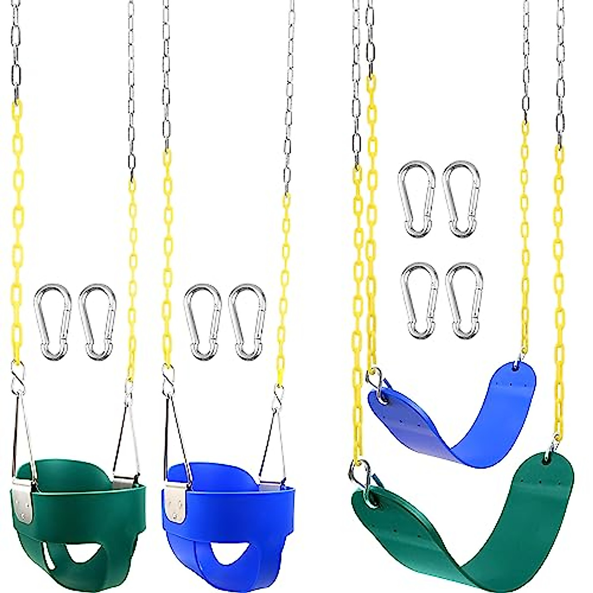Puteraya 4 Pack High Back Full Bucket Swing Seat and Kids Swing Board Seat with Plastic Coated Chains and Carabiner for Baby Boys Girls Backyard Playground Outdoor Playset