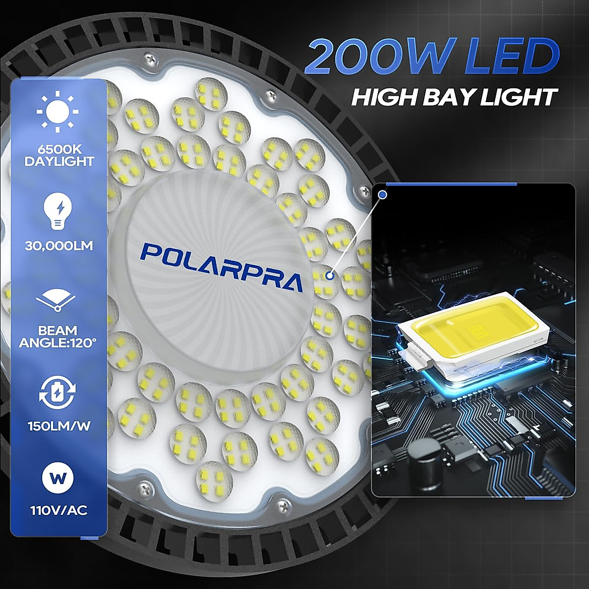 POLARPRA LED High Bay Light 200W, 30KLM 6500K UFO High Bay LED Shop Light with 6ft US Plug Cable, IP65 120VAC Commercial Bay Lighting Fixture for Warehouse Workshop Factory Gym Garage Barn