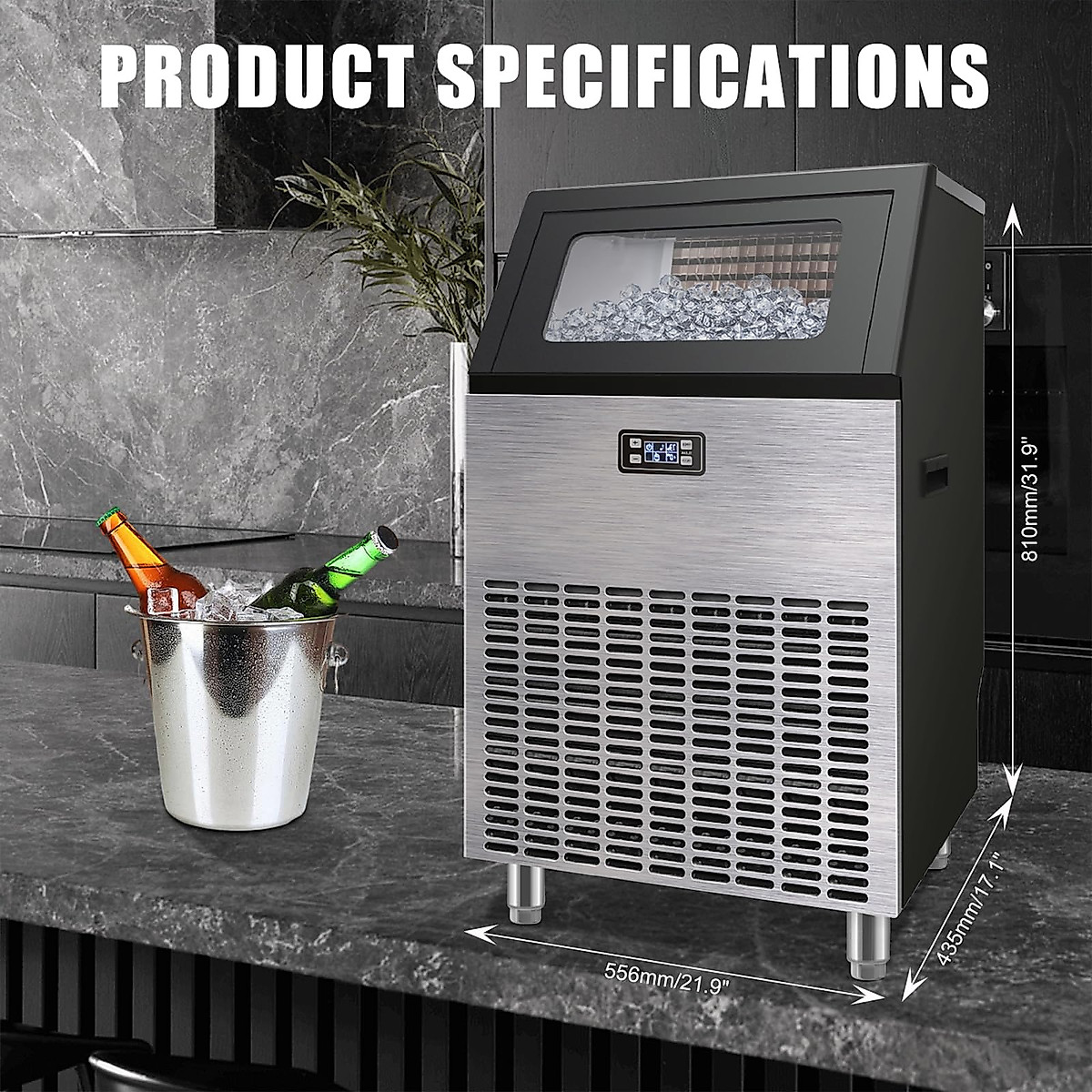 Commercial Ice Maker Machine, 270lbs/24H Stainless Steel Under Counter Ice Machine with 55lbs Ice Storage Capacity, Freestanding Cubic Ice Maker