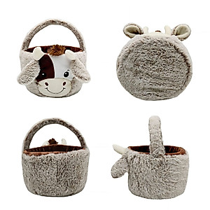 Cute Plush Cow Easter Basket for Kids, Cow Easter Buckets with Plush Ear, Candy Buckets Storage Tote Bag Easter Decorations (Cow Easter Basket, 7.9"L x 7.9"W x 9.8"H)