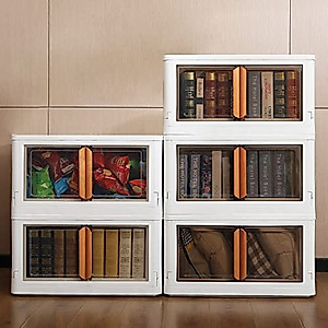 Storage Bins with Lids - 5 Packs Collapsible Storage Bins with Wheels 20 Gal Stackable Plastic Storage Bin Organizer with Double Doors & Secure Buckle, X-Large Storage Containers for Home Organizing Clothes, Clear Tan Color Door(80 Quart/20 Gal)