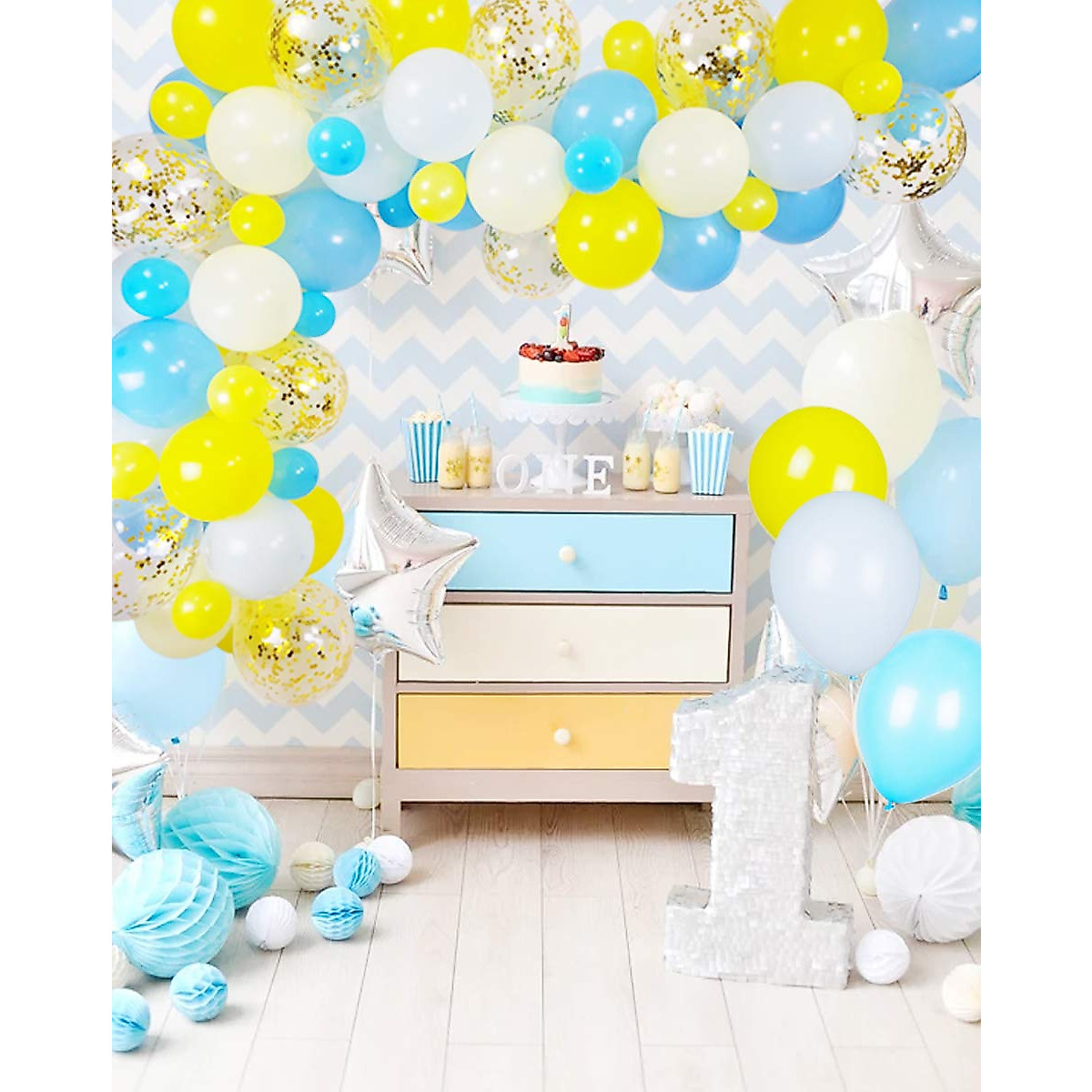 Pooh Bear Balloon Arch & Garland Kit, 70 Pack 12" 5" Yellow Blue Latex Balloons Gold Confetti Balloon Strip Set for Baby Shower Kids Birthday Party Decorations Bachelorette Weeding Party Supplies