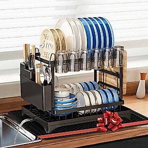 SRIVIJA 2 Tier Detachable Large Sink Dish Drying Rack Over The Kitchen Counter with Drainboard&Silicone Dish Drying Mat,Kitchen Large 2 Tier Stainless Steel Drying Rack with Dishes Drainer(Black)