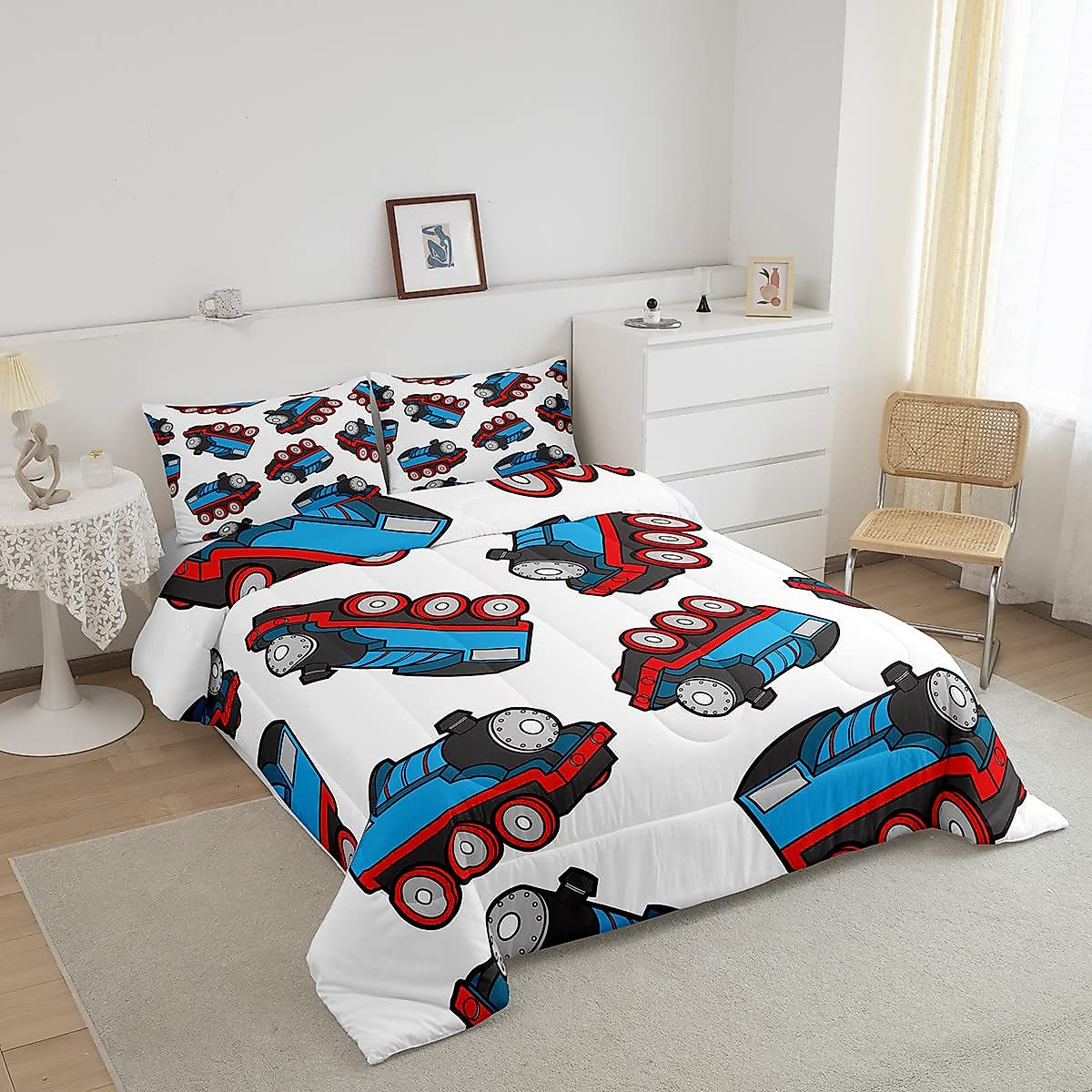 Train Bedding Set Kids Cartoon Car Comforter Set Boys Girls Train Travel Decor Comforter Microfiber Train Construction Red Blue Duvet Set Bedroom Quilt Set Full Size