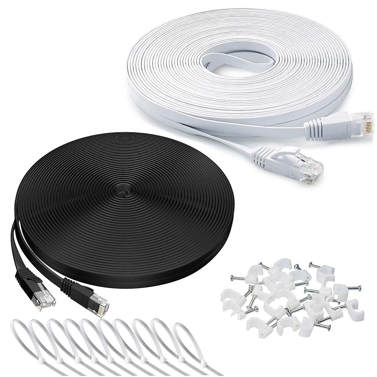 DAYEDZ Ethernet Cable 100 ft 2 Pack Cat 6 Flat Cable Ethernet Cord, Slim Long Cat6 High Speed Computer Router Network LAN Patch Wire with Clips & Rj45,Faster Than Cat5e/Cat5,100 feet White+Black