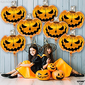 KatchOn, Scary Halloween Pumpkin Balloons - 25 Inch, Pack of 10 | Happy Fall Banner for Fall Decorations - Large, 120x20 Inch | Pumpkin Foil Balloons for Halloween Decorations | Fall Festival Banner