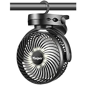 Viniper 6 inch Rechargeable Clip Fan with LED Light, 10000mah Battery Camping Hanging Fan : 360° Rotation, 3 Speeds, Also Use As Power Bank, Tent Personal Fan with Hanging Hook - Black