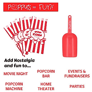 Poppy's Plastic Popcorn Scoop Bundle - 50 Bags and Plastic Popcorn Scooper, Popcorn Machine Accessories for Popcorn Bars, Movie Nights, Concessions
