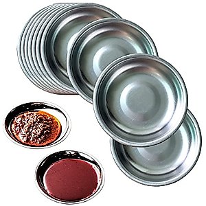 8 Pcs Stainless Steel Sauce Dishes, 4inch Round Seasoning Dishes Sushi Dipping Bowl Saucers Bowl Mini Appetizer Plates, Small Snack Cups Dipping Soy Sauce Dish/Bowls (3.85 x 3.87 x 0.7 inch) (10cm)