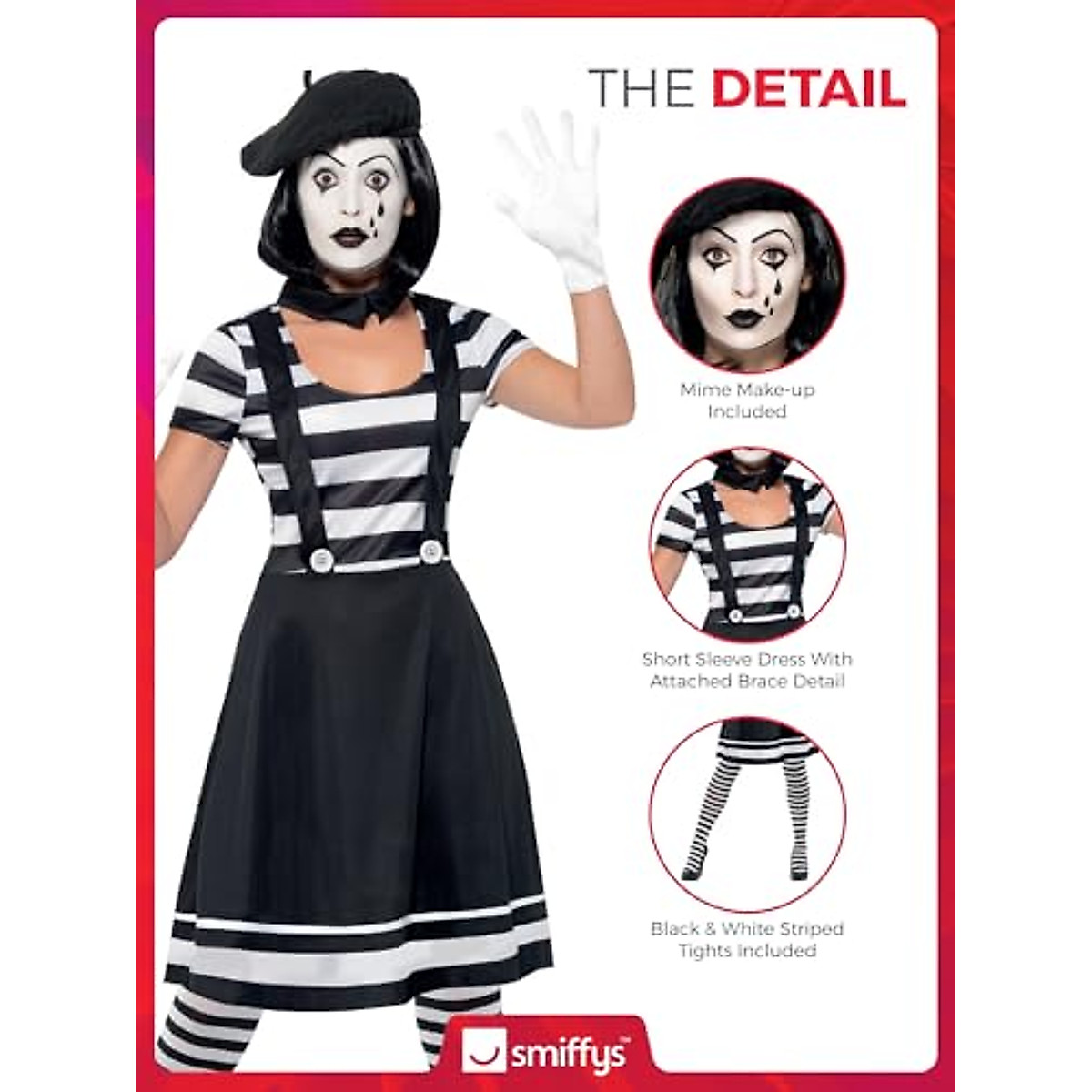 Smiffys womens Lady Mime Artist Adult Sized Costume, Black, M - US Size 10-12