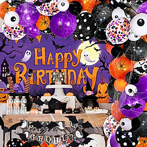 Halloween Birthday Party Decorations, Halloween Birthday Backdrop Banner Purple Orange Balloon Garland Arch Kit Confetti Balloons with Spider Web Bat Stickers for Halloween Theme Party Decorations