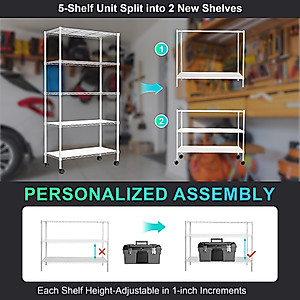 Dolonm 5 Tier Wire Shelving Unit, 750 LBS NSF Storage Shelf, 14"D x 30"W x 60"H, Kitchen Shelf with Liners, Garage Storage Shelves with Wheels, Heavy Duty Metal Pantry Racks, Adjustable Shelf, White