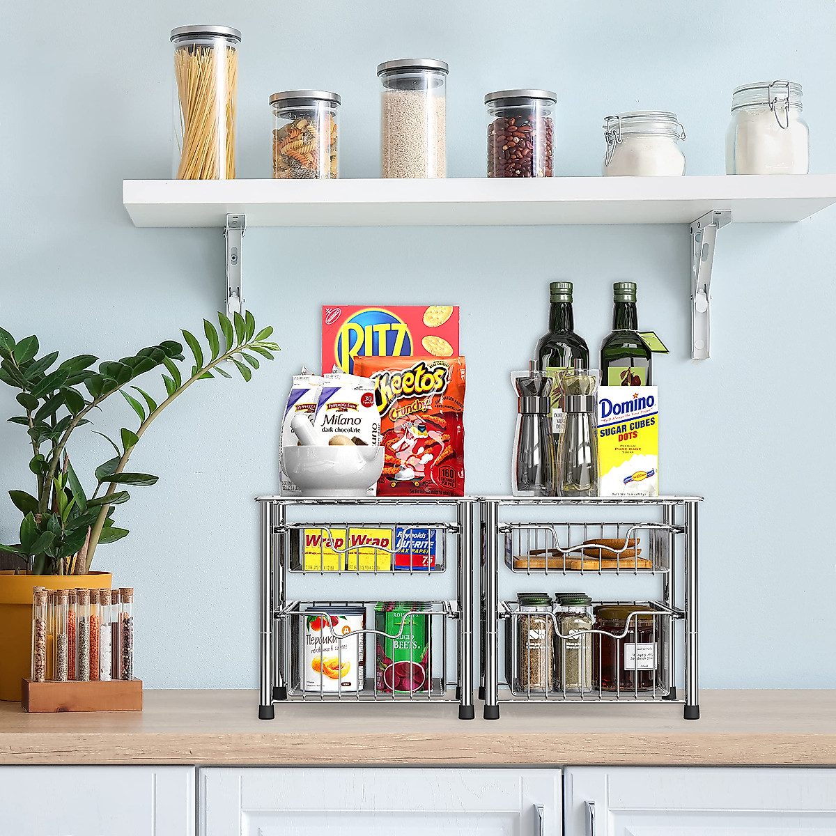 SimpleHouseware Stackable 2 Tier Sliding Basket Organizer Drawer, Chrome