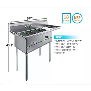 18" X 18" X 12" TWO COMPARTMENT STAINLESS STEEL COMMERCIAL KITCHEN PREP & UTILITY SINK | NSF (RIGHT DRAINBOARD)