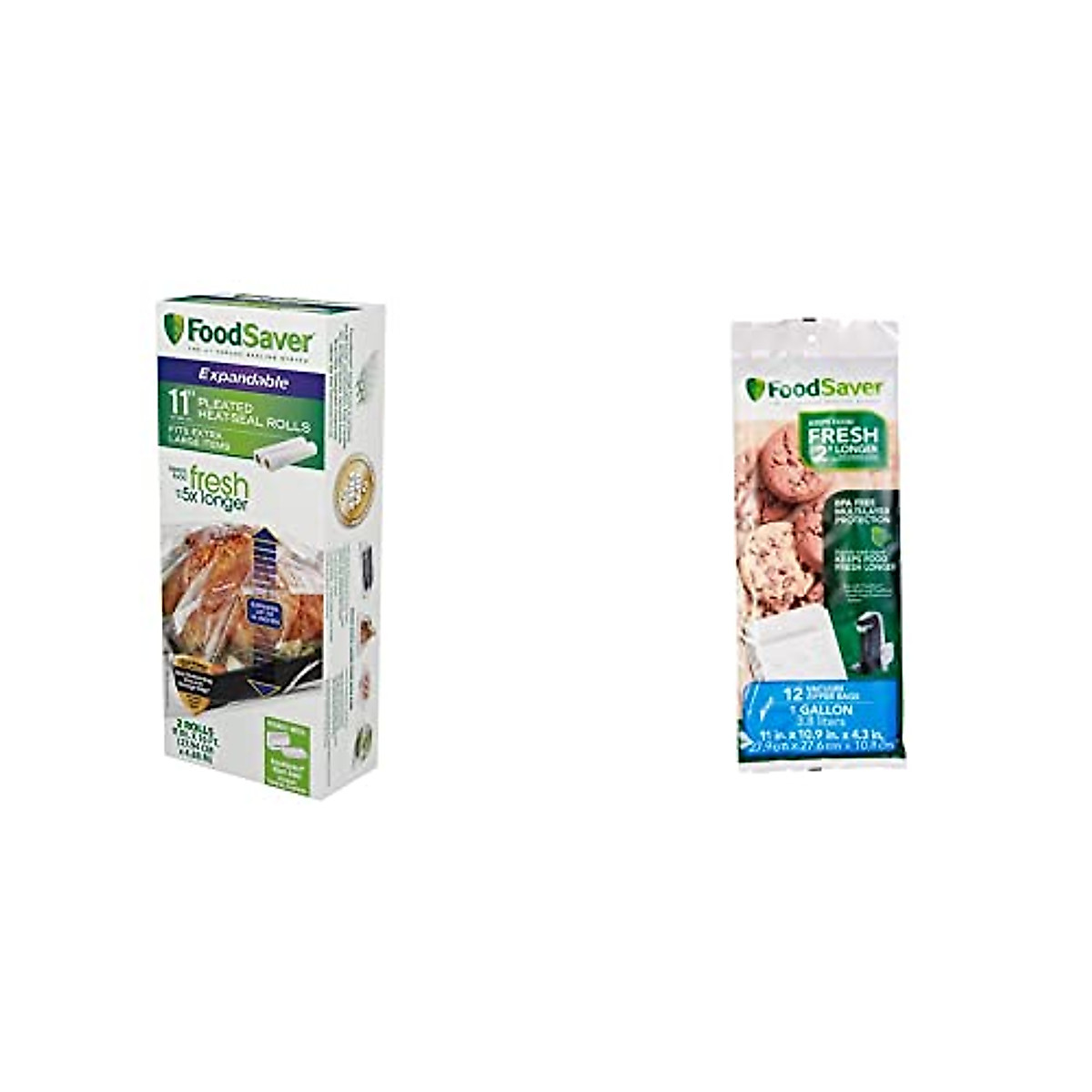 FoodSaver Vacuum Sealer Bags for Extra Large Items, Rolls for Custom Fit Airtight Food Storage and Sous Vide, 11" x 16' (Pack of 2) & 1-Gallon Vacuum Zipper Bags, 12 Count, Multi