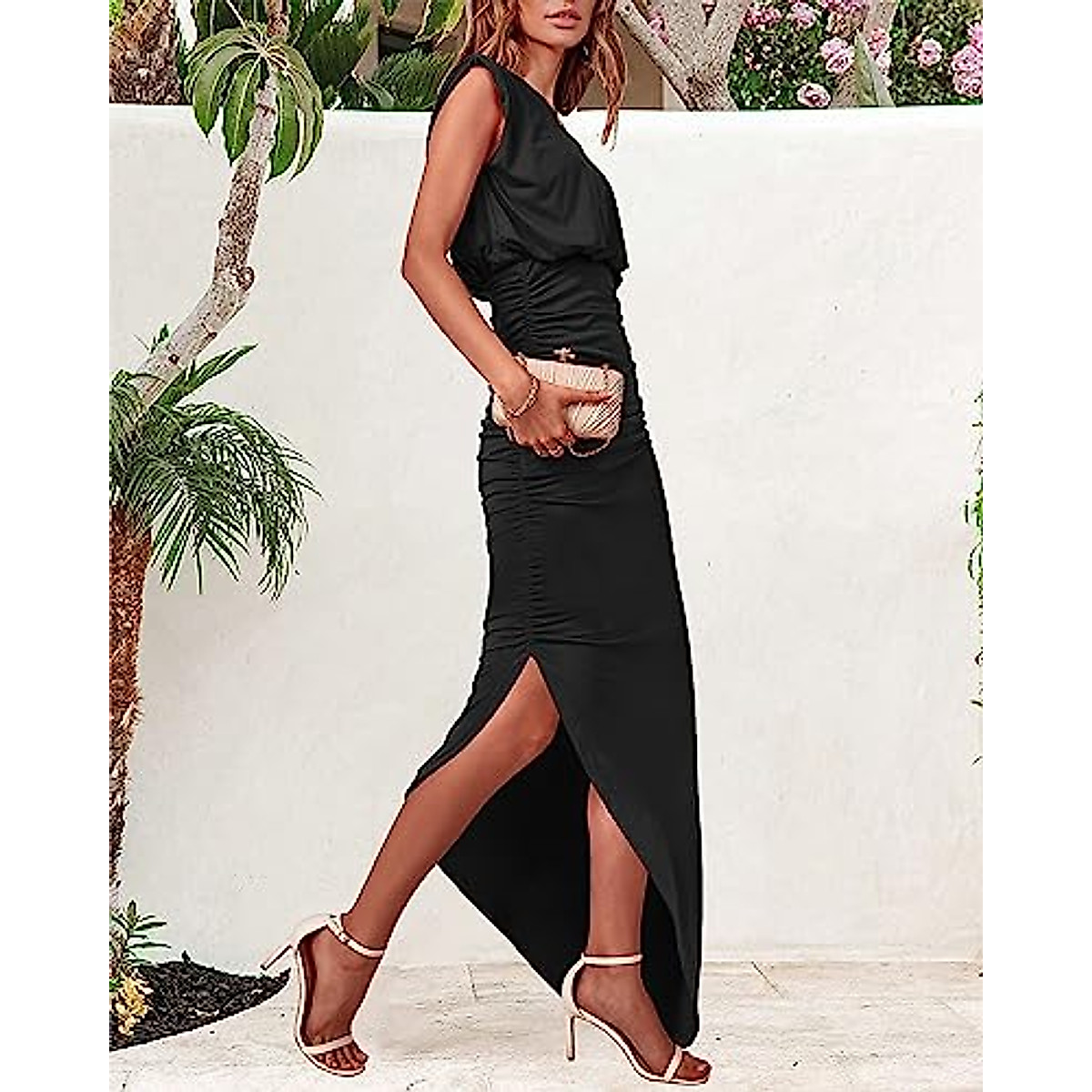 BTFBM Women Sleeveless Ruched Bodycon Dress 2023 Summer High Waist Asymmetrical Slit Formal Party Cocktail Maxi Dresses(Solid Black, Medium)