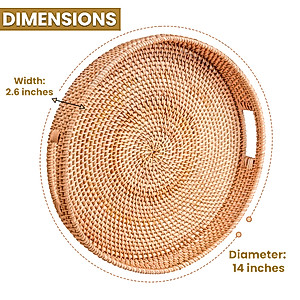 HOMESSENT Round Rattan Tray - Natural Rustic & Sturdy Wicker Tray with Cut-Out Handles - Hand Woven Tray for Storage & Decoration – Lightweight Tray for Serving Coffee, Fruits & Drinks (Set of 2: M+L)