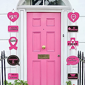 10 Pcs Breast Cancer Awareness Banner Porch Sign Breast Cancer Yard Signs Wall Hanging Cancer Awareness Decorations Breast Cancer Backdrop Pink Ribbon Party Decorations for Outdoor Indoor Party Supply