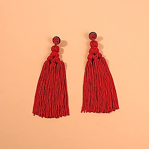 Long Woven Tassel Earrings Beaded Big Boho Statement Tassel Layer Dangle Earrings Large Bohemian Thread Fringe Layered Chandelier Drop Earrings Beads Tassel Earrings - red