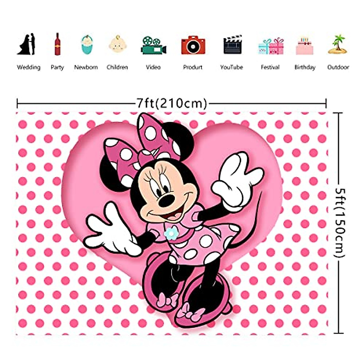 Pink Mouse Baby Shower Backdrop 7x5ft White Background Happy Birthday Backdrop for Girls Birthday Themed Party Backgrounds