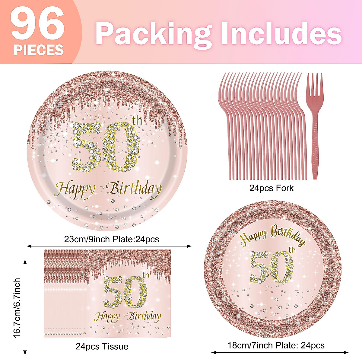 50th Birthday Decorations for Women, 96PCS 50th Birthday Plates and Napkins Rose Gold Plates Party Supplies Happy 50th Birthday Party Decorations for Women 50th Birthday Party Decorations Serves 24