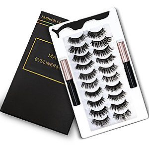 Magnetic Eyelashes Kit, 10 Pairs Reusable Magnetic lashes Natural Look, Lightweight False Eyelashes with Tweezers & 2 Tubes of Magnetic Eyeliners, No Glue Needed, Easy to Wear