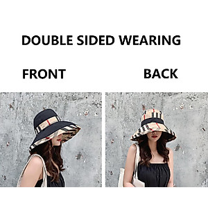 RUINUO Womens Plaid Bucket Hats Wide Brim Sun Hat Double Sided Windproof Summer Beach Hats for Fishing Hiking Travel Golf Beige