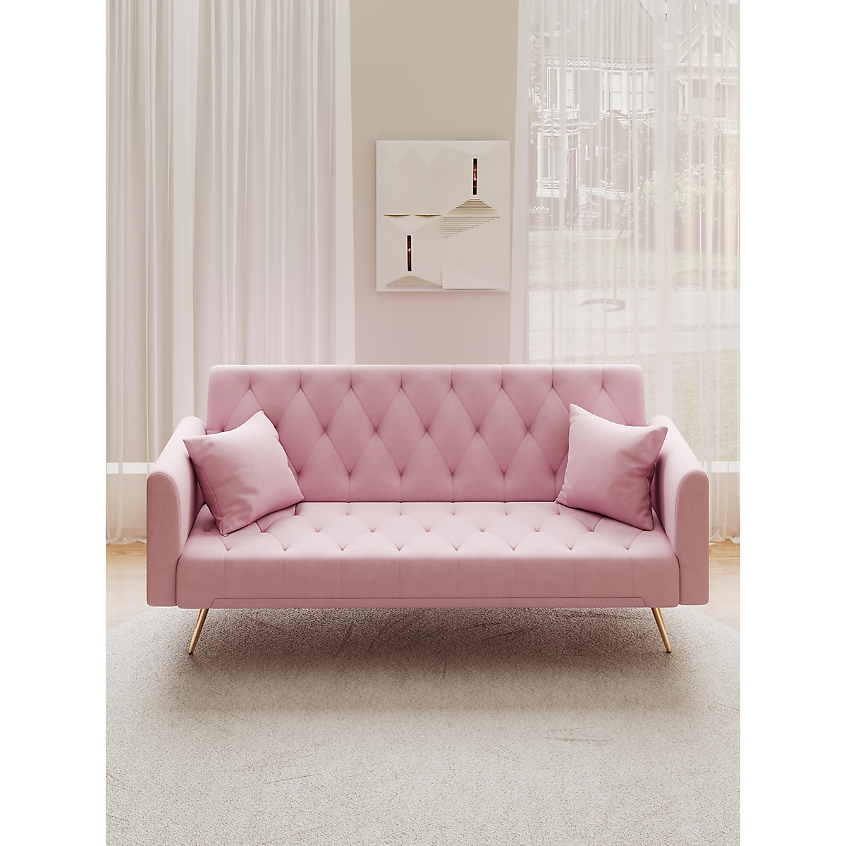 TZXTW Comfy Loveseat with Adjustable backrest,Convertible Sleeper Sofa Bed with Gold Leg and 2 Pillows,Upholstered Futon Sofa,Small Couches for Small Spaces,Living Room,Bedroom,Apartment,Office,Pink