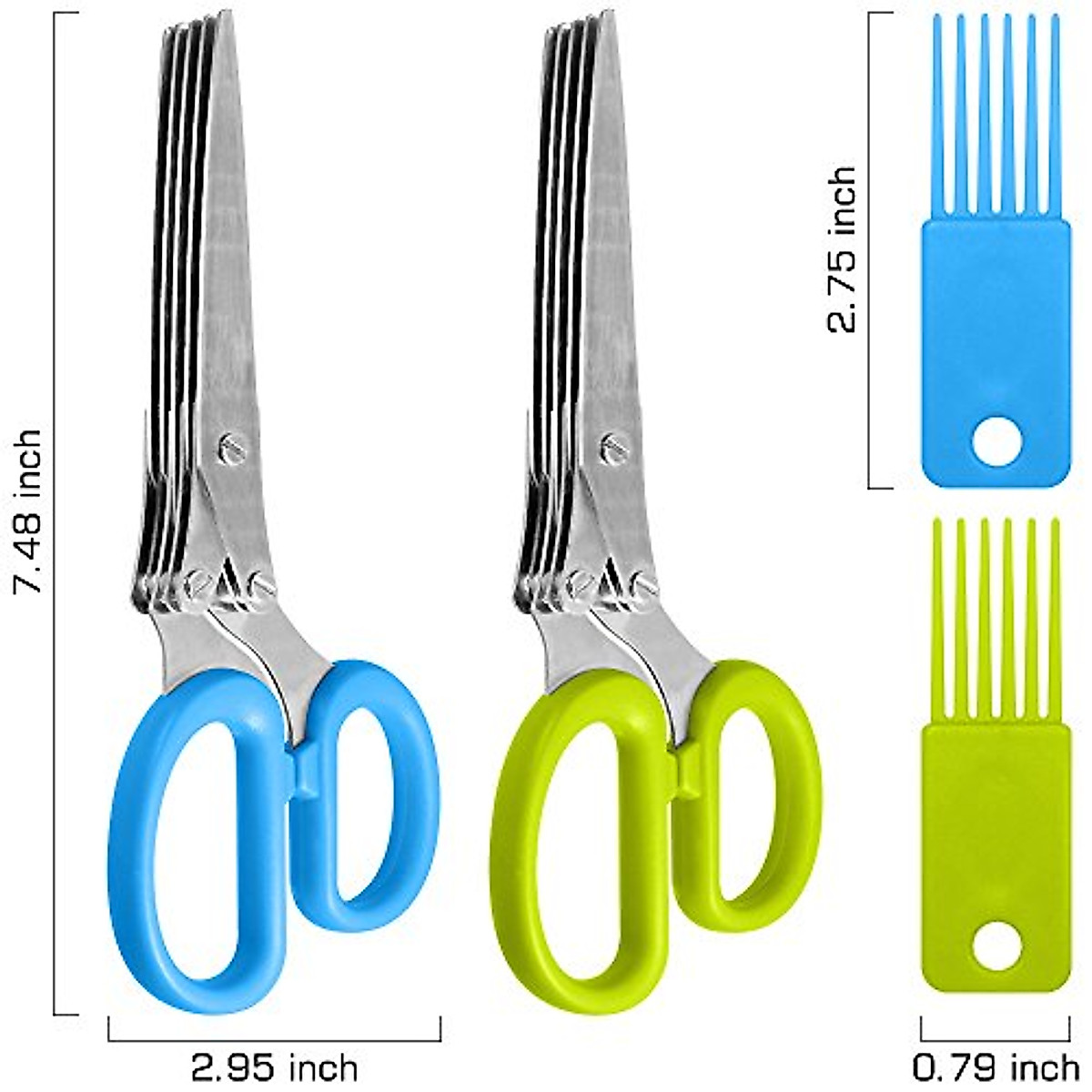 2 Packs Stainless Steel Herb Scissors, SourceTon Multi-purpose Kitchen Shear with 5 Blades and Cleaning Brush, Ergonomic Design Heavy Duty Durable Culinary Cutter with Sharp Blade