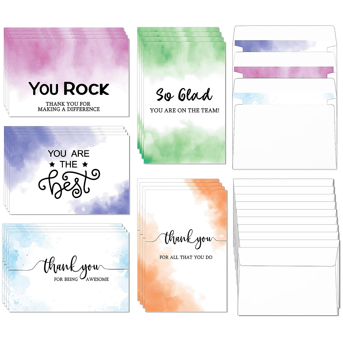 Jetec 100 Set Employee Appreciation Cards with Envelopes Thank You Gifts for Staff Team Inspirational Greeting Cards Work Anniversary Birthday Appreciation Cards, Watercolor Design