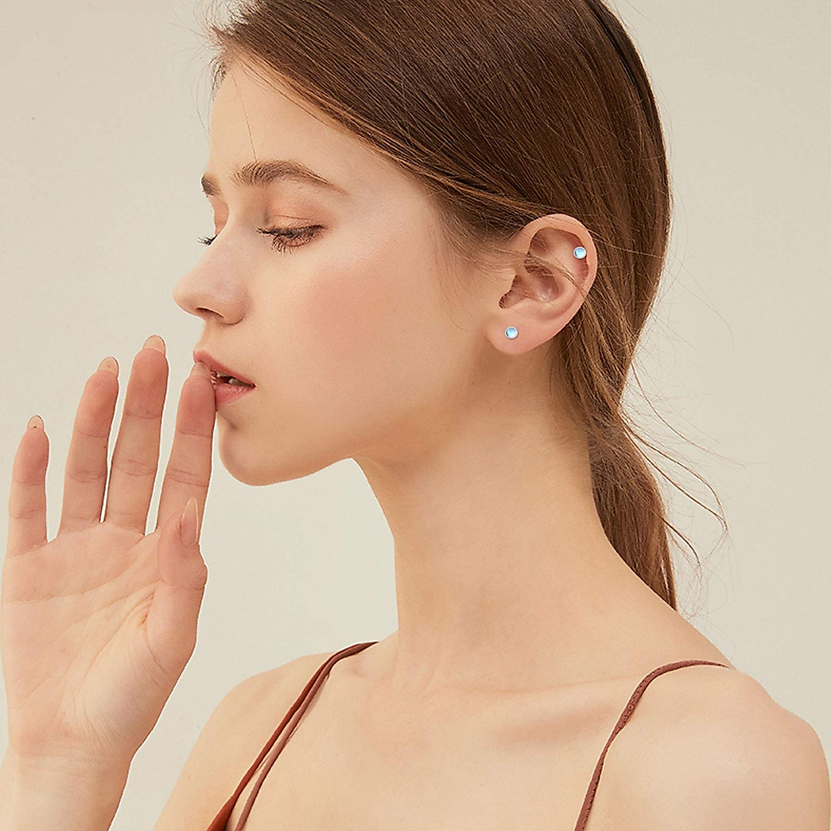 Moonstone Earrings 925 Sterling Silver Tragus Earrings Cartilage Earrings Screw Back Earrings Helix Piercing Jewelry Hypoallergenic Earrings for Women (A-Silver, 4)