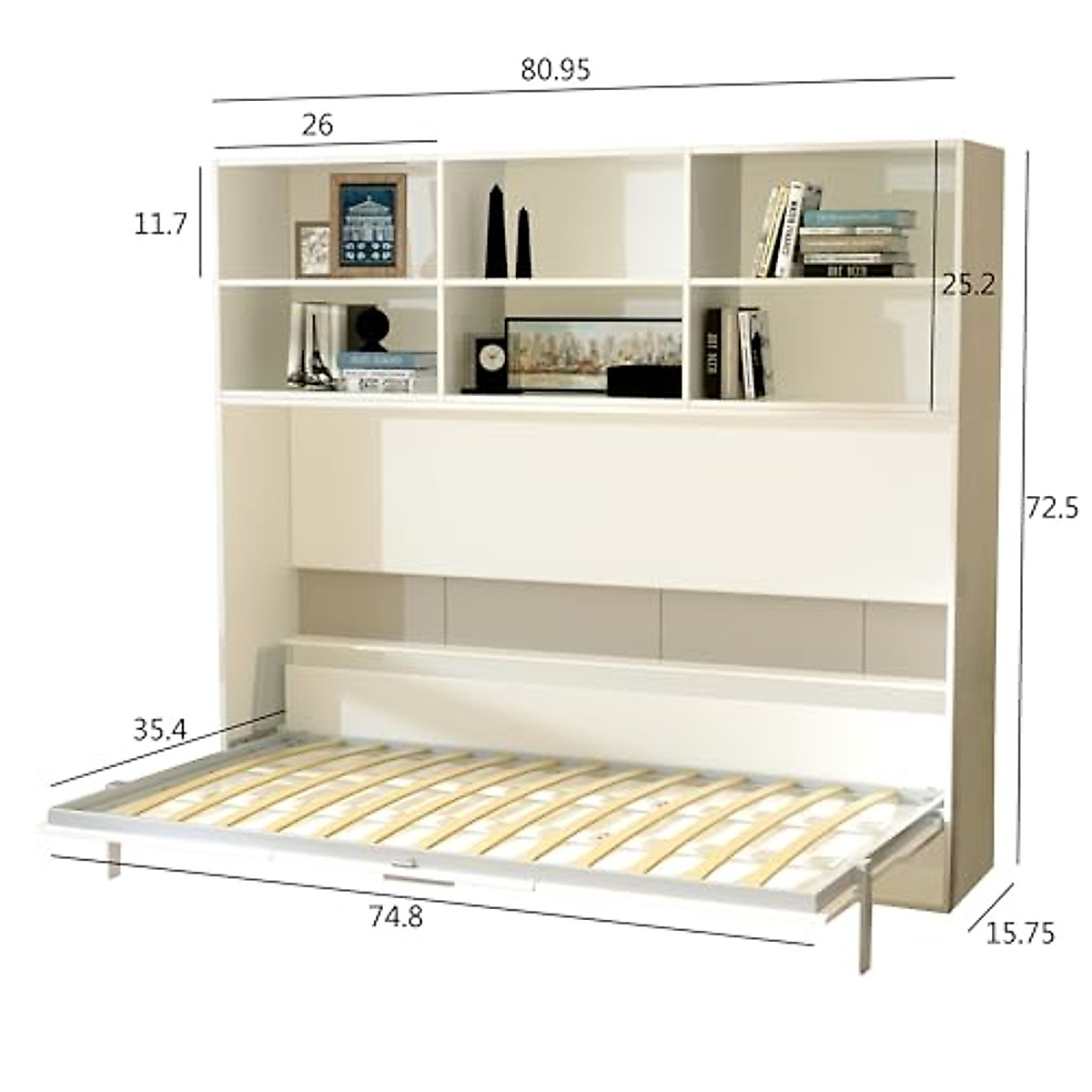Murphy Bed Twin, Horizontal Twin Size Murphy Bed Cabinet, Wall Bed with Self and Drawers, Wood Hideaway Folding Hidden Beds for Platform Bedroom, Guest Room, Studio or Home Office, White