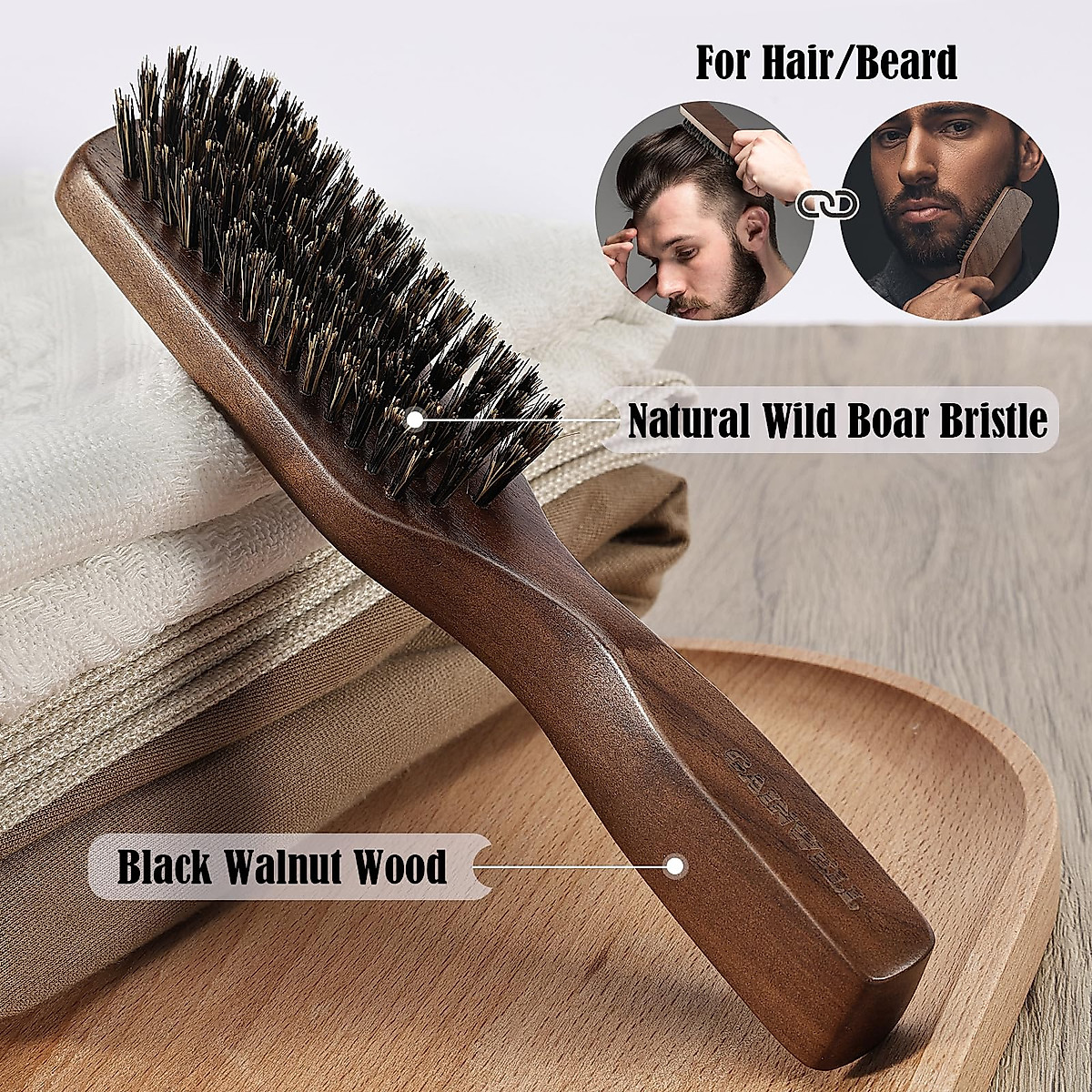 Mens Wild Boar Bristle Hair Brush for Men - Slick Back Hair Brush - Stiff Bristles for Thick Hair, Natural Black Walnut Wooden Handle Hairbrush, Beard Mustache Brush Comb by GAINWELL