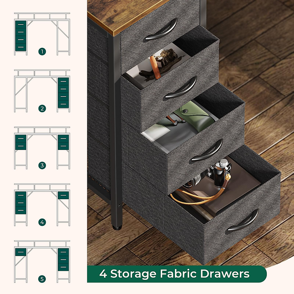 Huuger 55 inch Computer Desk with 4 Drawers, Gaming Desk with LED Lights & Power Outlets, Home Office Desk with Large Storage Space for Bedroom, Work from Home, Rustic Brown