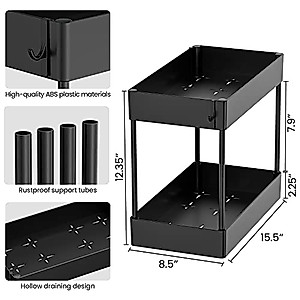 Under Sink Organizer, Under Bathroom Sink Storage 2 Tier Organizer Bath Collection Baskets with Hooks, Black Under Sink Shelf Organizer Rack, Multi-purpose Under Sink Storage for Bathroom Kitchen