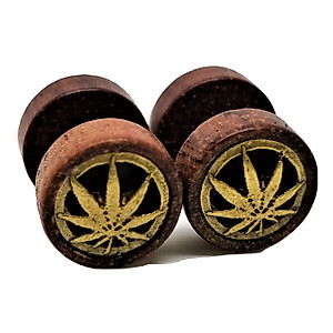 Organic Wood w/Metal Pot Leaf Emblem Stud Post Earrings - New - Pair!