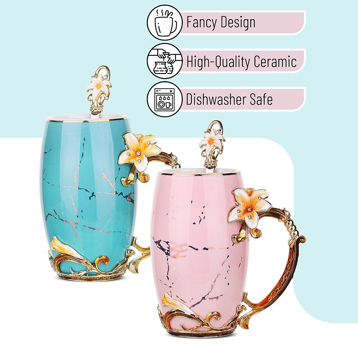 BTaT - Floral Ceramic Mugs with Spoon, Set of 2, Black and White, Fancy Coffee Mugs with Spoon, Floral Coffee Mugs, Ceramic Tea Cup, Tea Cup, Fancy Tea Cups, Tea Mugs for Women, Flower Tea Cup