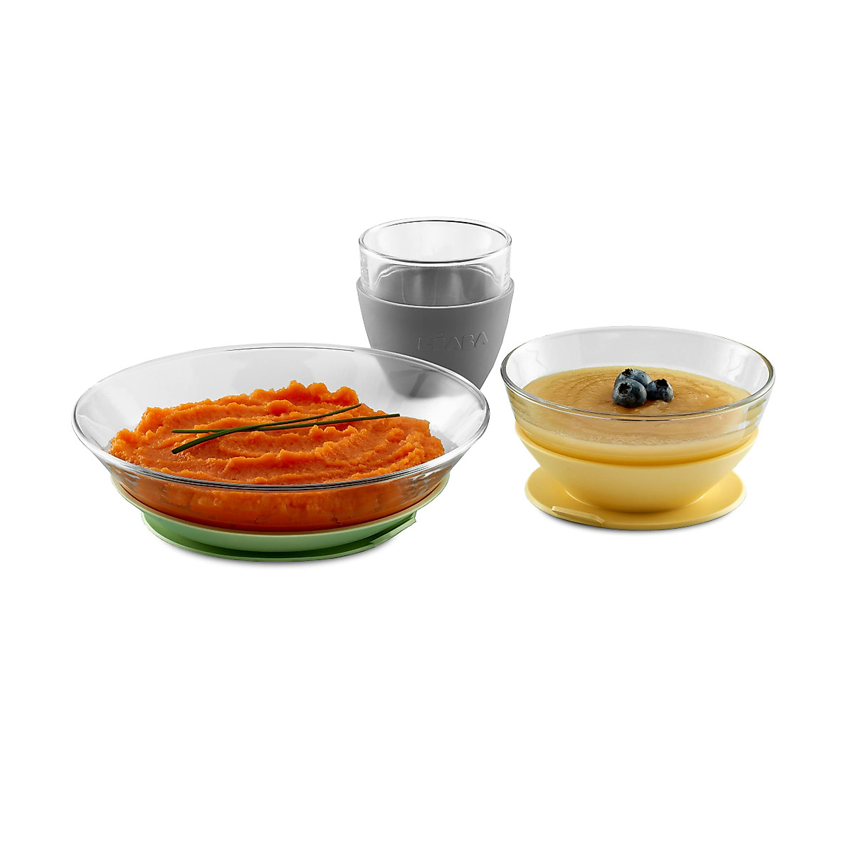 BEABA 3-Piece Glass and Silicone Meal Set - Easy to Clean - Dishwasher and Microwave Safe - Non-Slip Suction Bottom - Includes Plate, Bowl, Cup (Pastel)