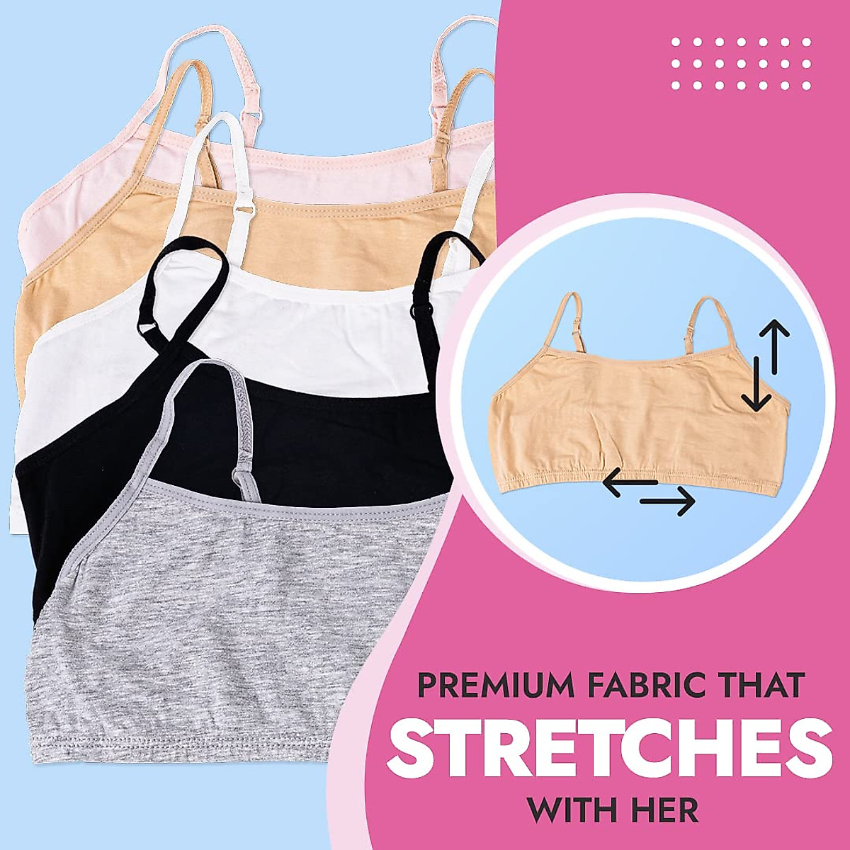 Popular Cotton Girls Training Bra - Crop Cami w Adjustable Straps. Bra Pack 5 PK Neu 7/8