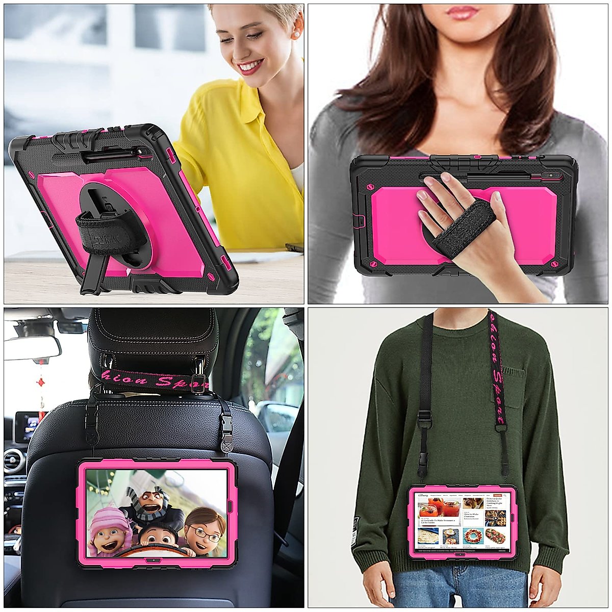 SEYMAC stock Case for Samsung Galaxy Tab S8 Plus/ S7 FE 5G Case 12.4'' with Screen Protector Pencil Holder [360 Rotating Hand Strap] &Stand, Drop-Proof Case for Galaxy Tab S8 Plus/ S7 FE, Rose/Black