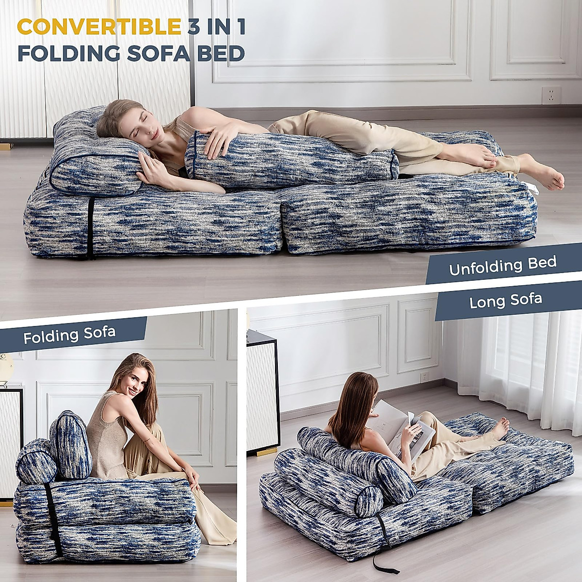 MAXYOYO Folding Sofa Bed, Convertible Sleeper Chair with Pillow, Soft Fold Out Chair Bed, Versatile Floor Sofa Lounge for Living Room Bedroom, Blue